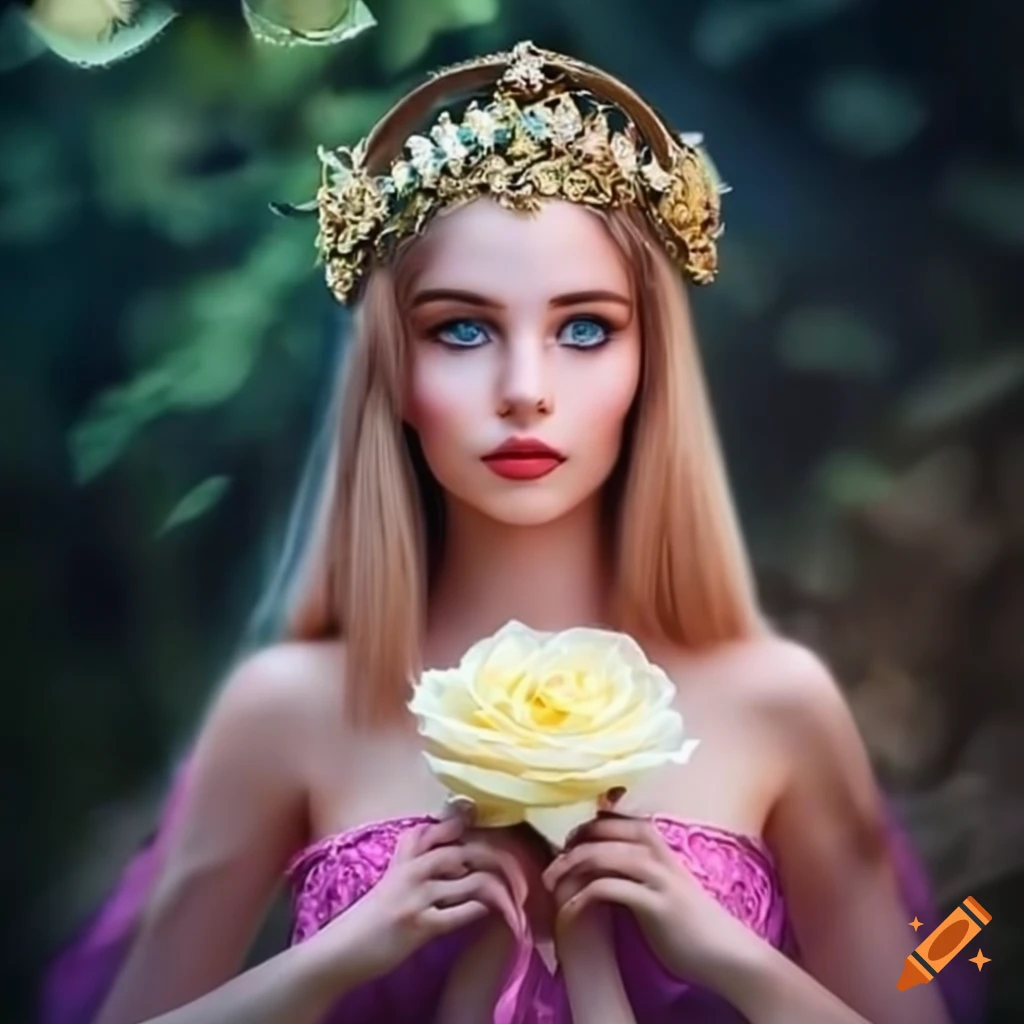 Princess Holding A White Rose In Nature