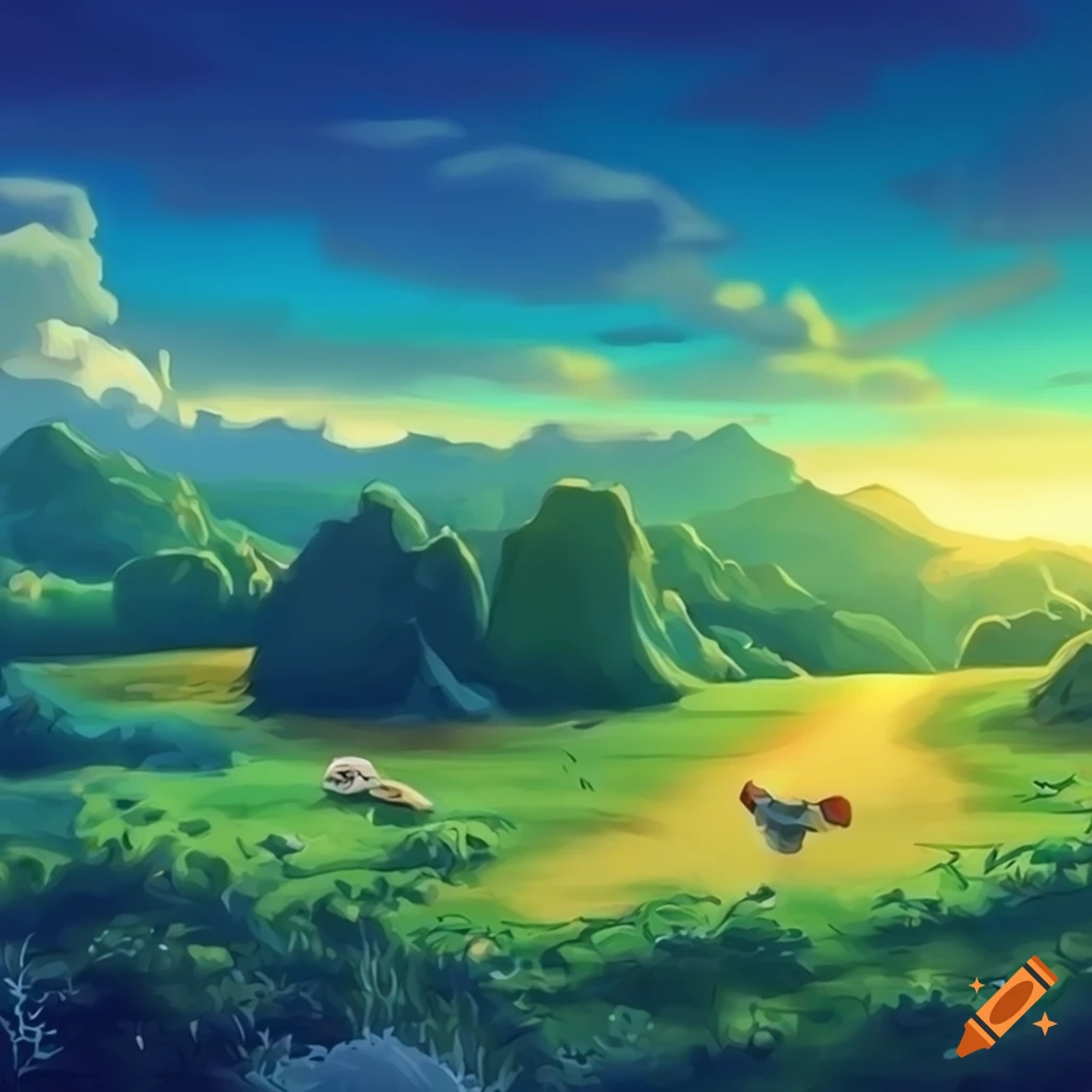 Idyllic landscape with a group of Pokemon on Craiyon