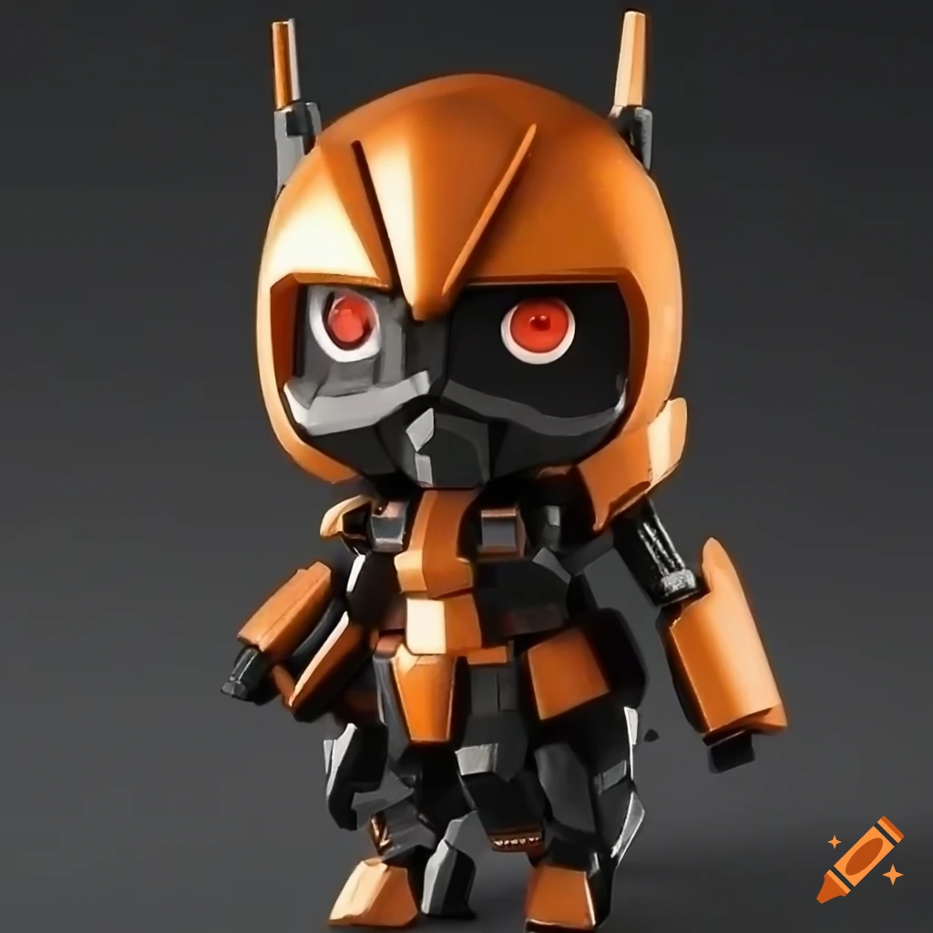 Chibi gundam robot with black and orange metallic armor on Craiyon