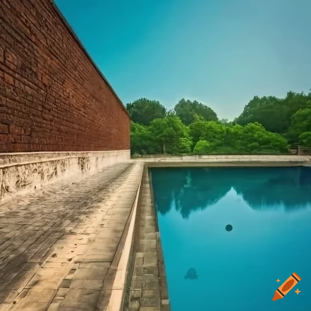Swimming pool surrounded by a tall wall and trees on Craiyon
