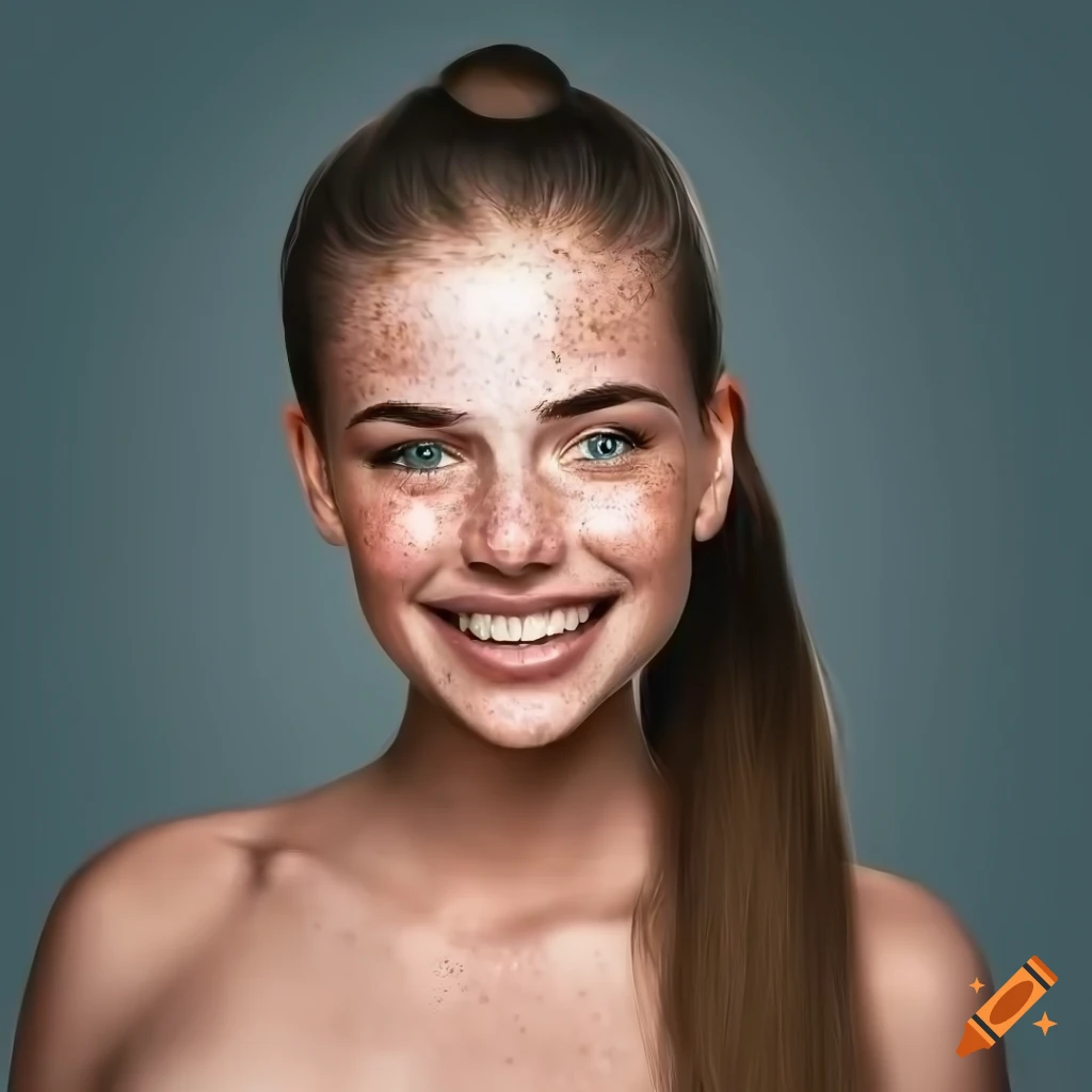High resolution portrait of a beautiful young woman with freckles on ...