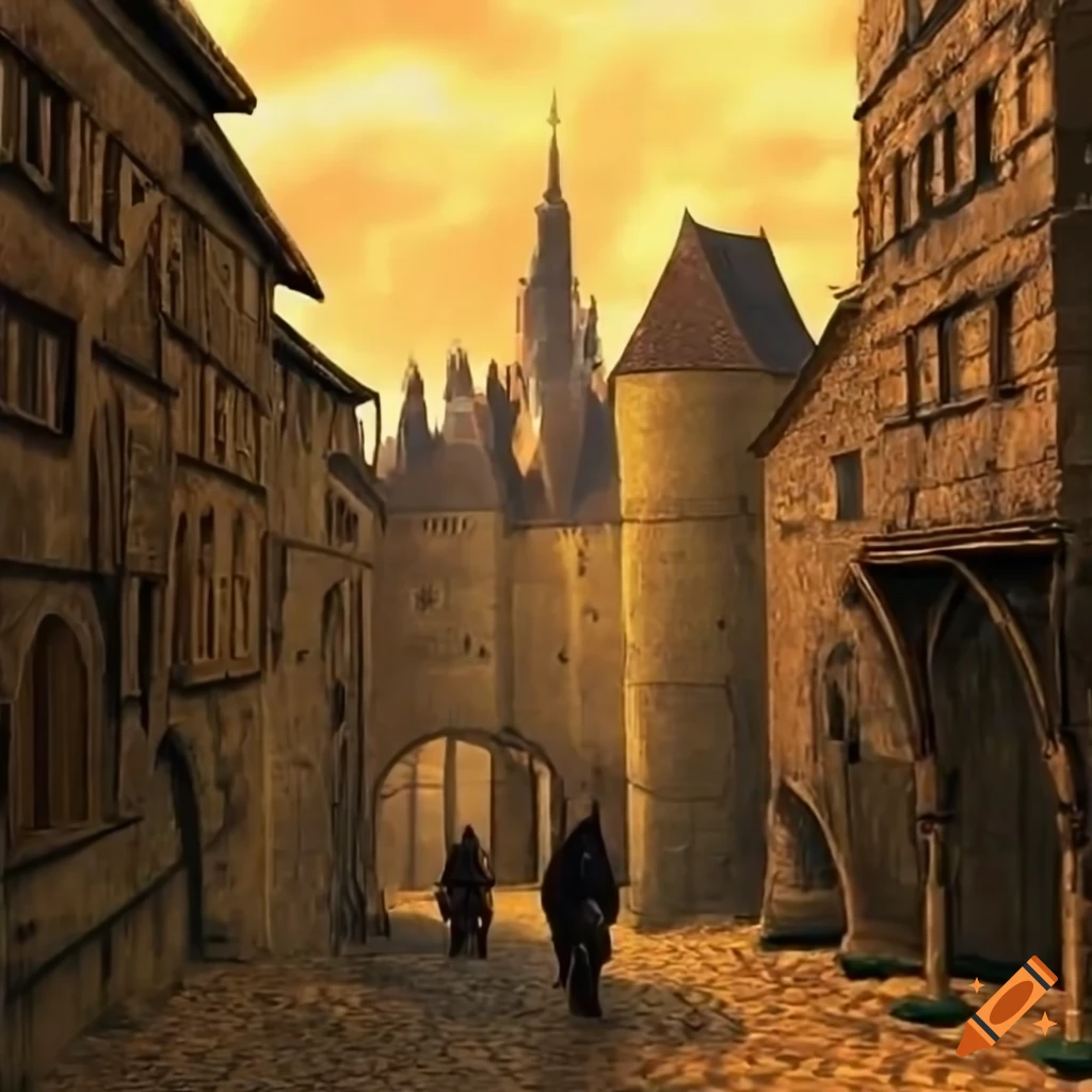 Medieval market with merchants and shoppers, castle in the background ...