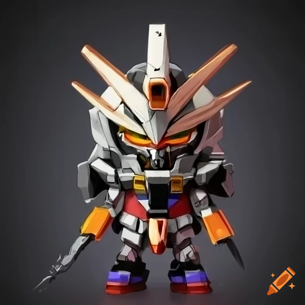 Chibi gundam robot in black and orange armor on Craiyon