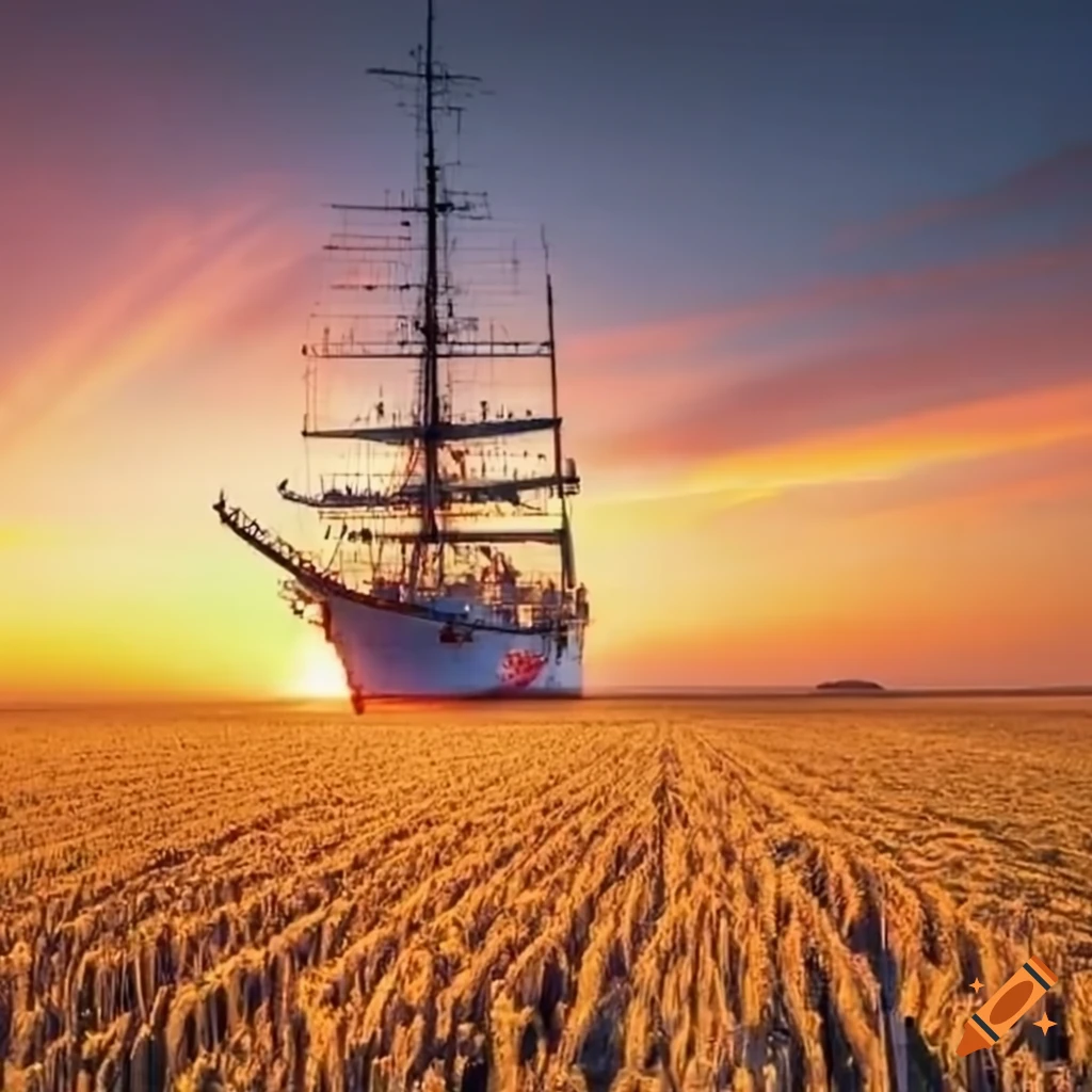 Coast guard ship sailing through a cornfield at sunset on Craiyon