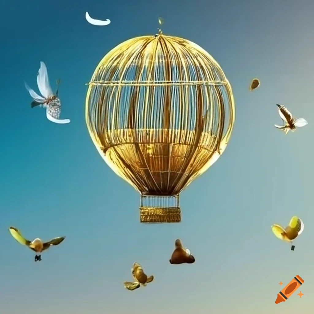 Golden bird cage hot air balloon with bird inside
