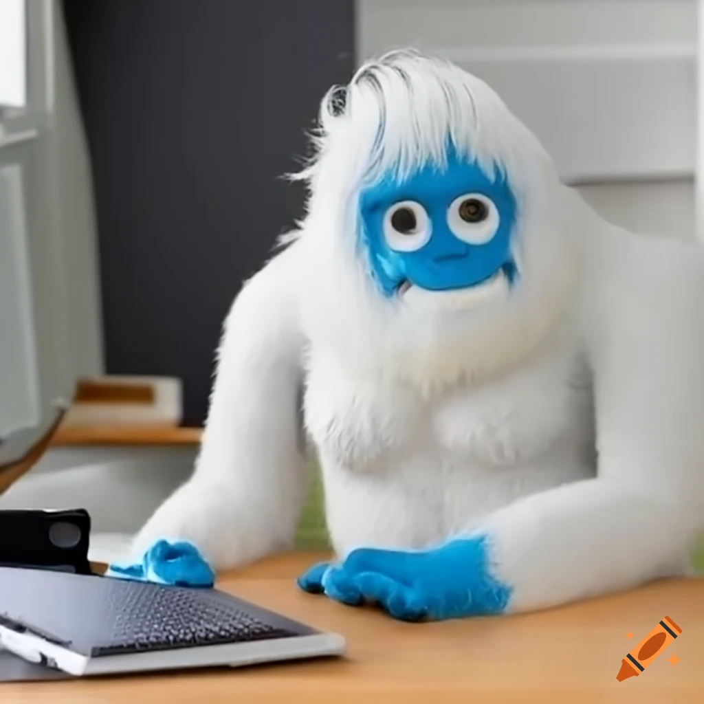 Office desk with a yeti working on Craiyon