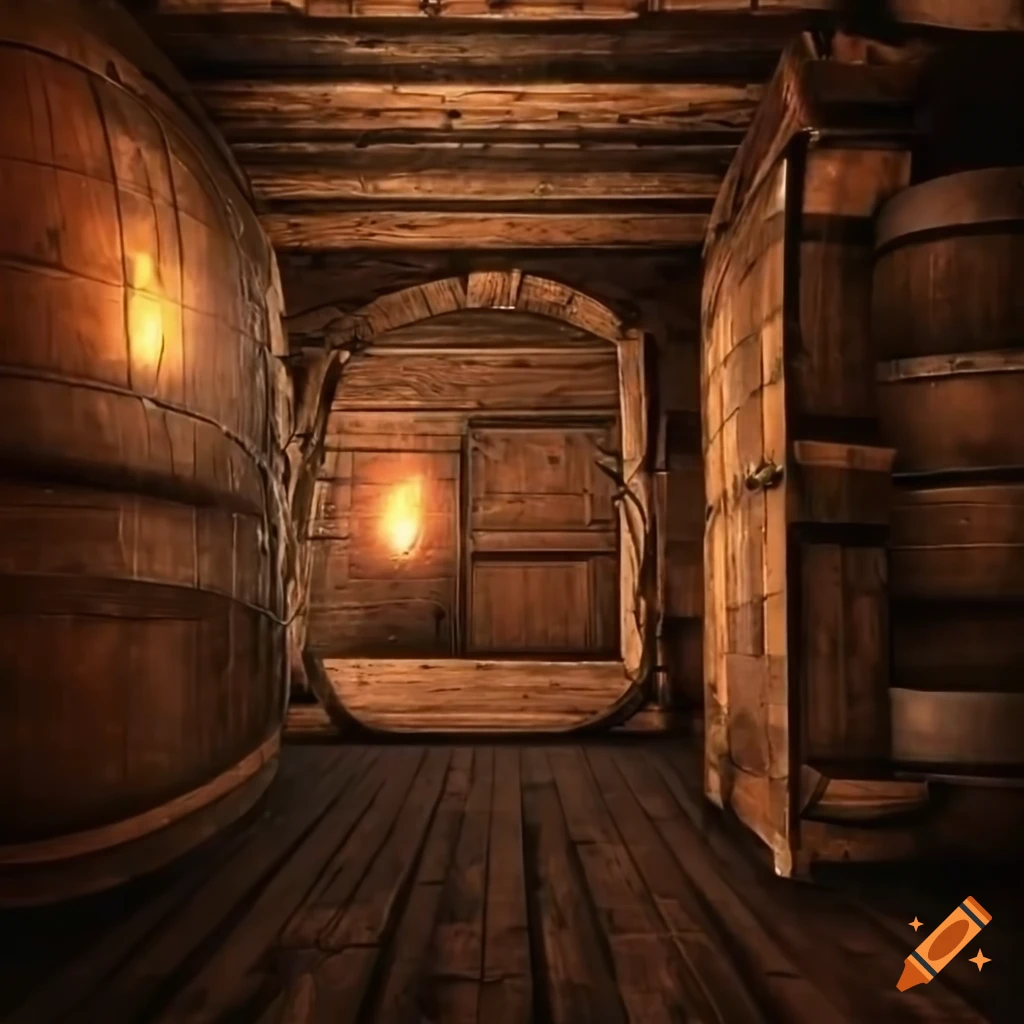 Interior view of a medieval ship with whisky barrels