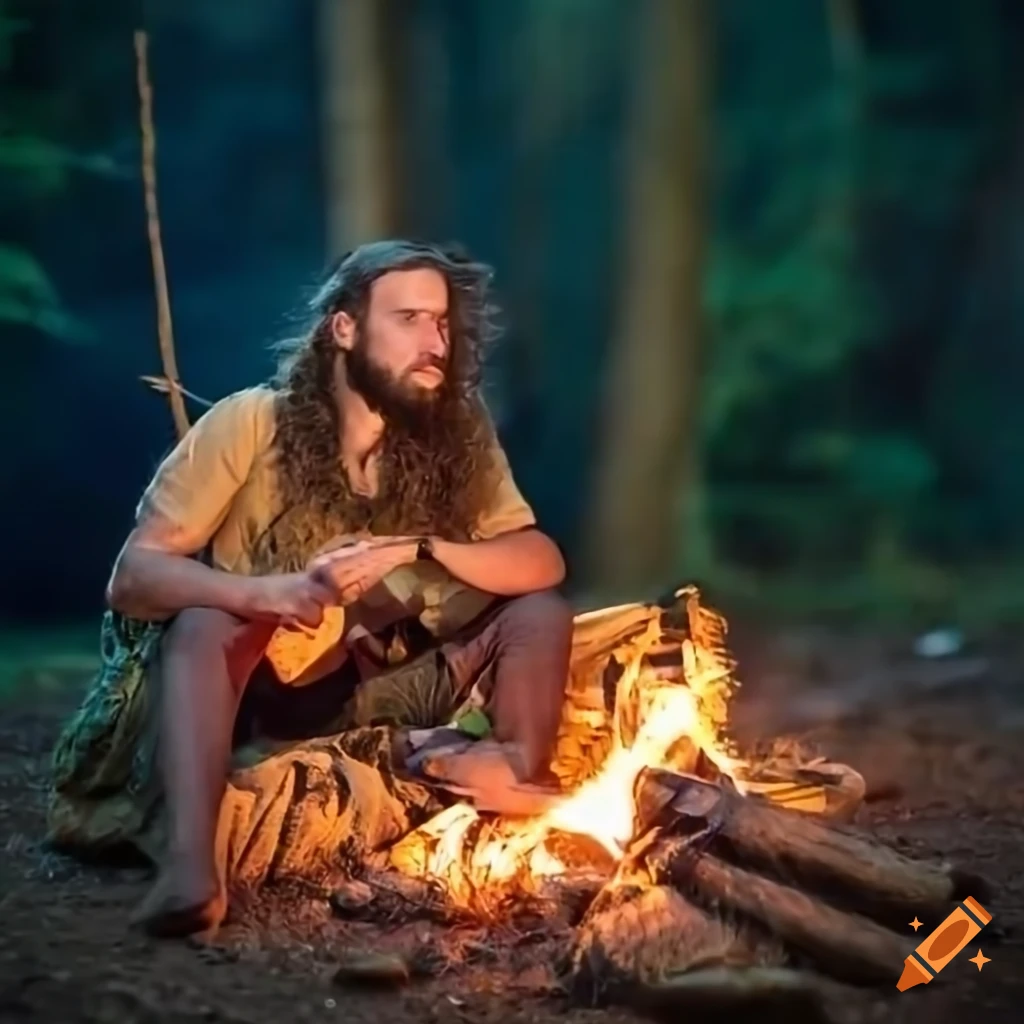 Man doing bushcraft in a woodland at night