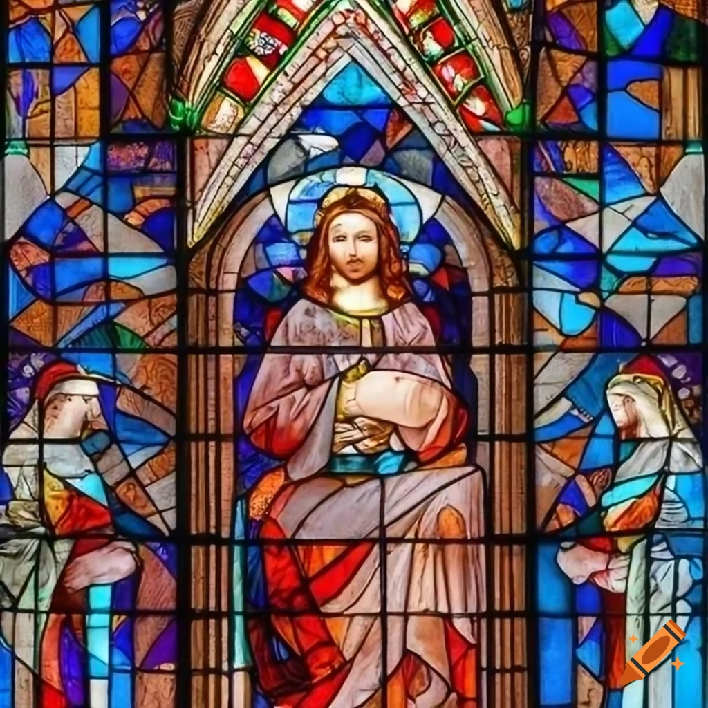 Intricate stained glass artwork depicting an image within a frame on ...