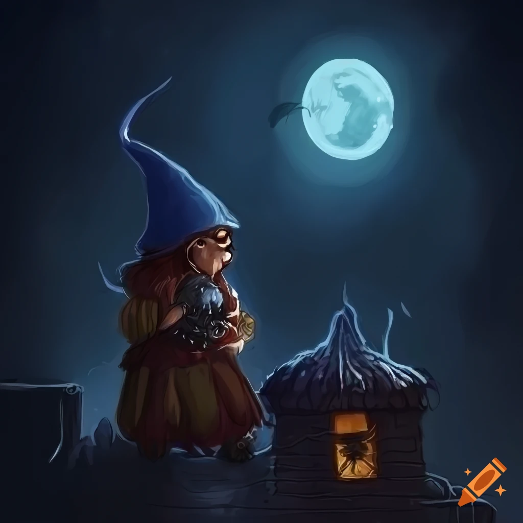 Line art of a rooftop with a gnome in medieval fantasy