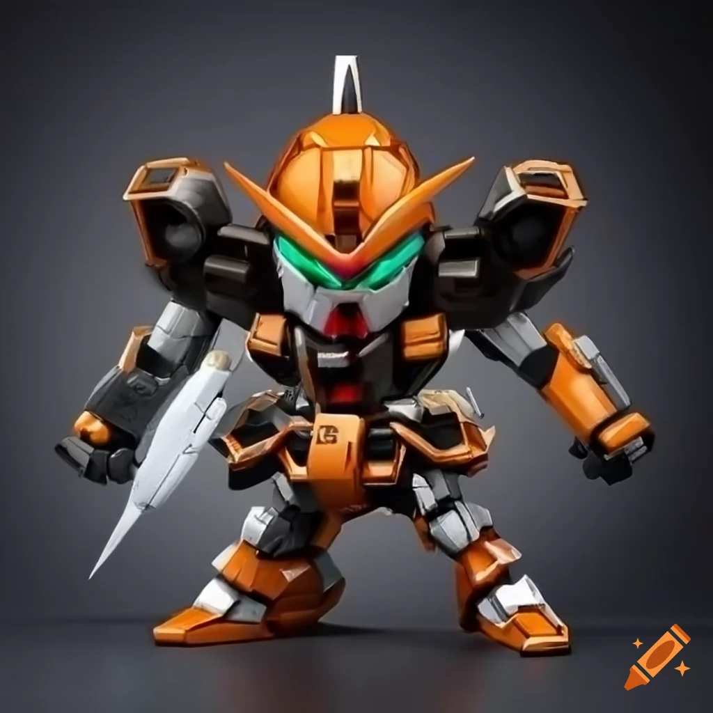 Metallic chibi gundam robot in black, orange, and white