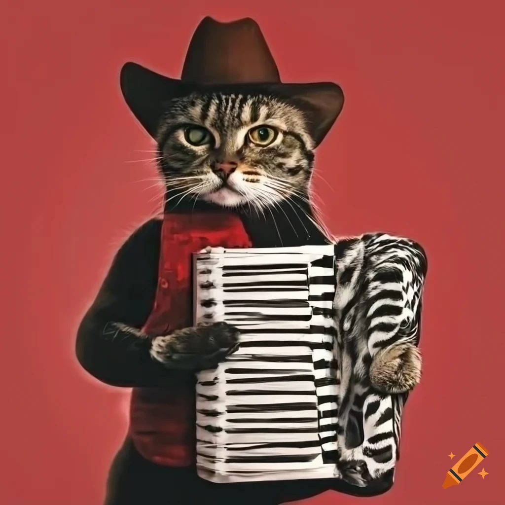 Humorous image of a cowboy cat playing accordion on Craiyon