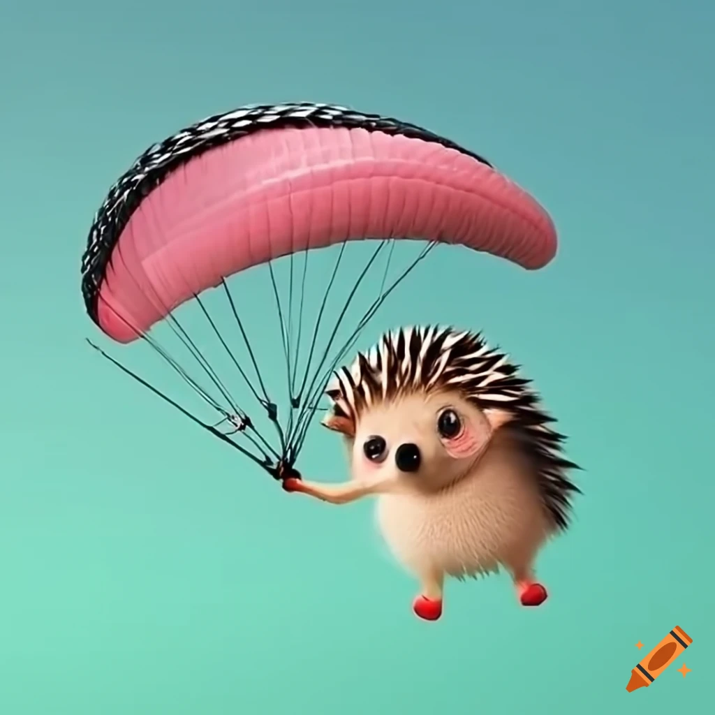 Hedgehog paragliding in the sky