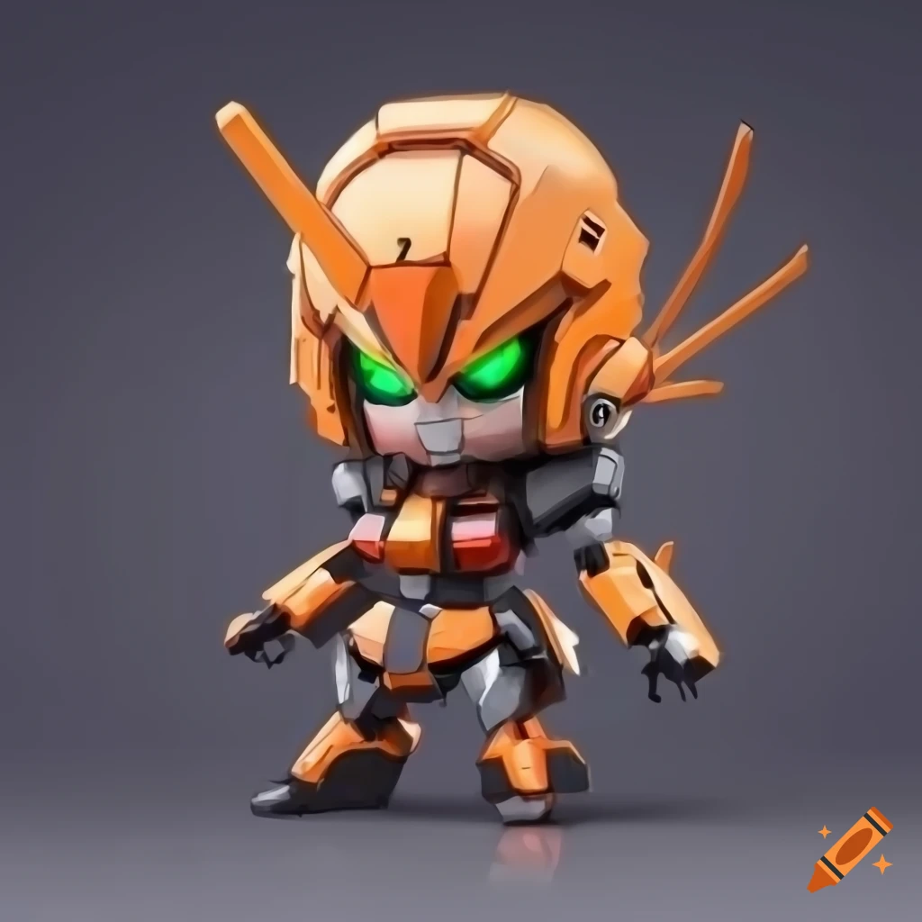 Chibi female Gundam robot with black and orange metallic armor on Craiyon