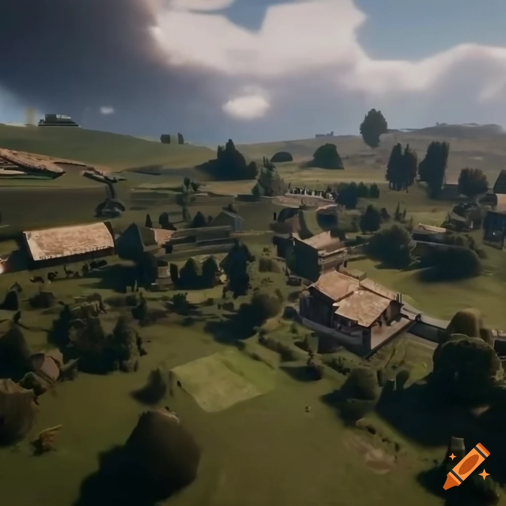 Aerial view of a sci-fi village with futuristic elements in a savanna ...