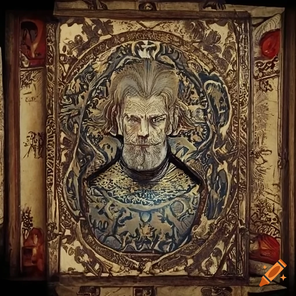 Illustration of the witcher on a medieval book on Craiyon