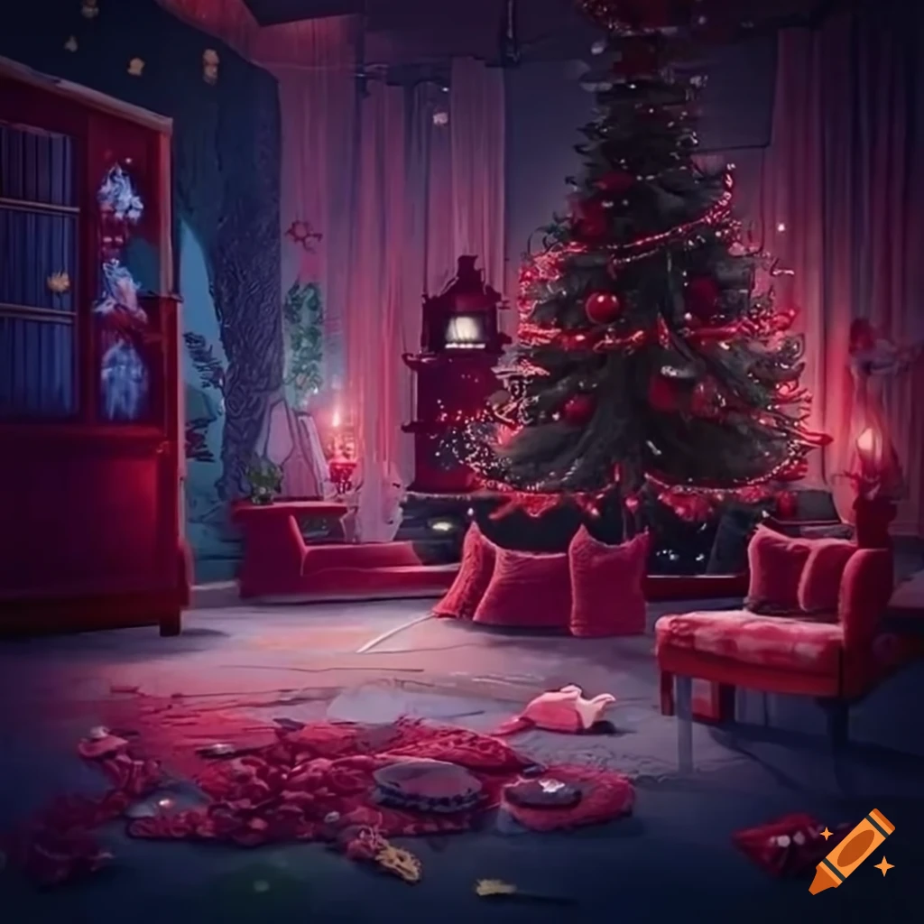 Illustration of a messy Christmas room with Disney elements on Craiyon