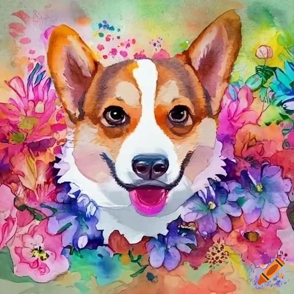 Tricolor corgi family surrounded by plants on Craiyon