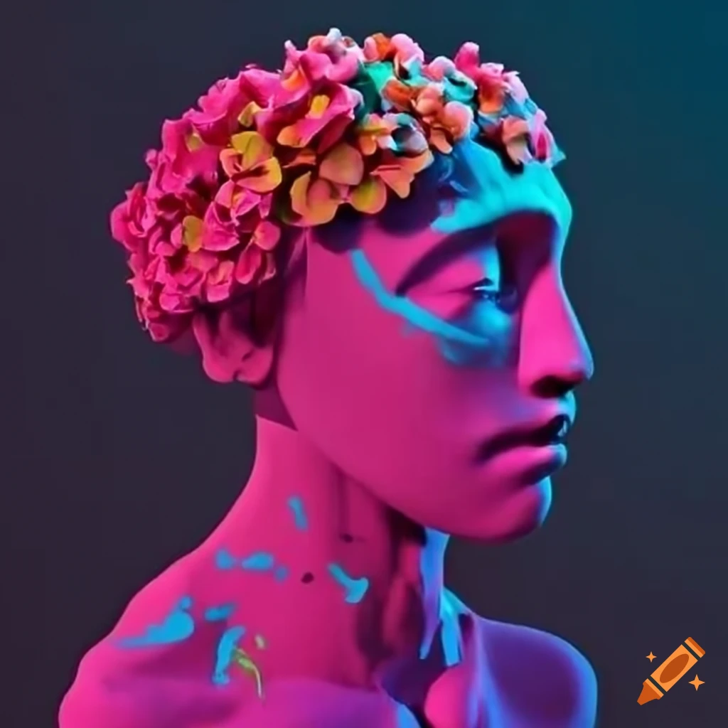 Neon sculpture of a stone man in bloom