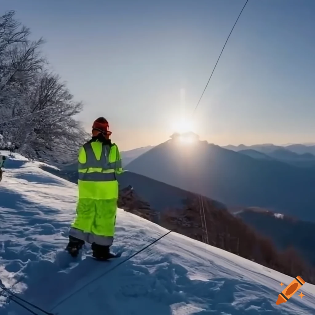 Employee at a mountain cable car station on a sunny winter day