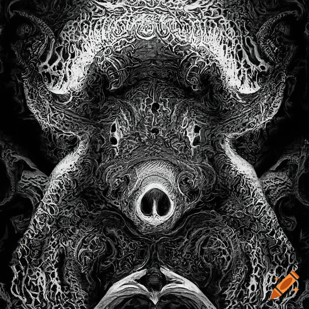 Monochrome psychedelic art of a ghostly pig demon on Craiyon