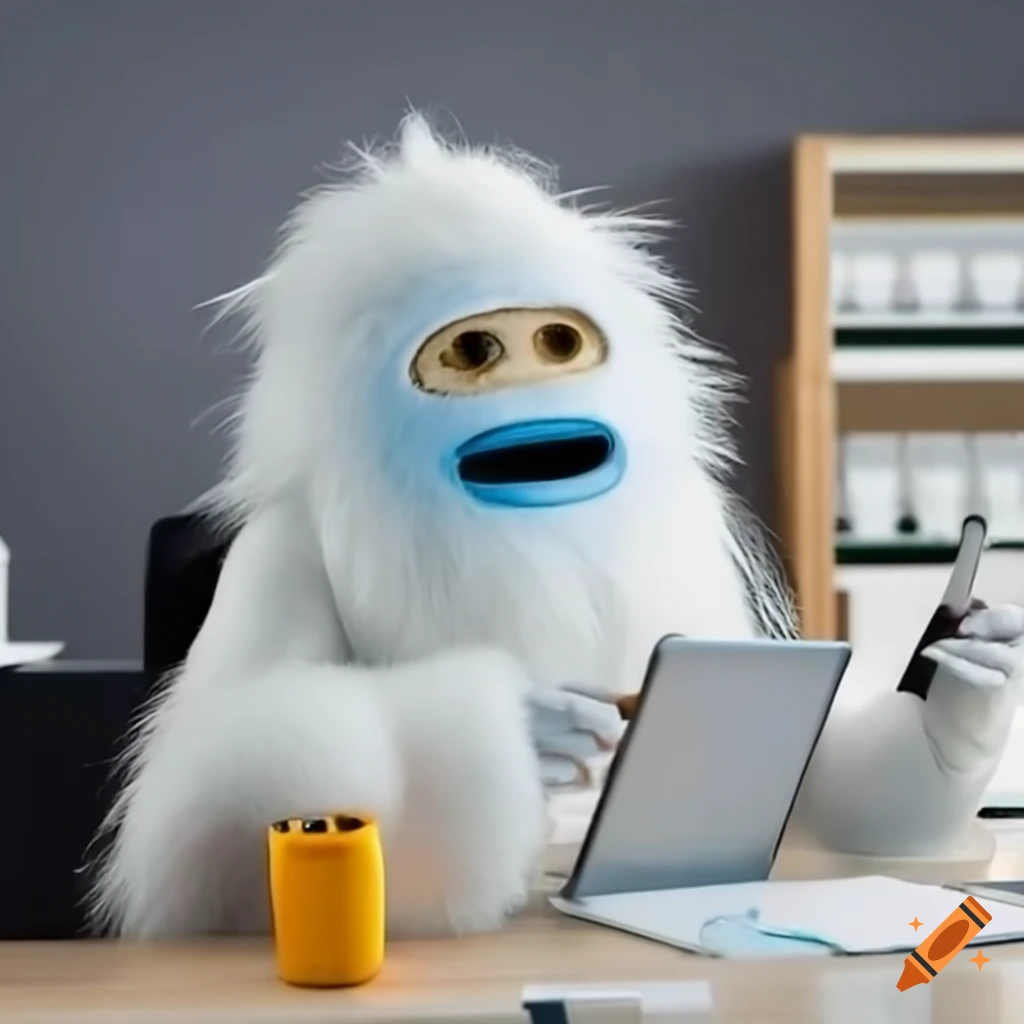 Humorous yeti working at office desk