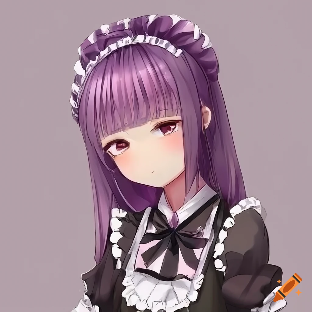 Purple-brown haired anime girl in a maid outfit at a cafe on Craiyon