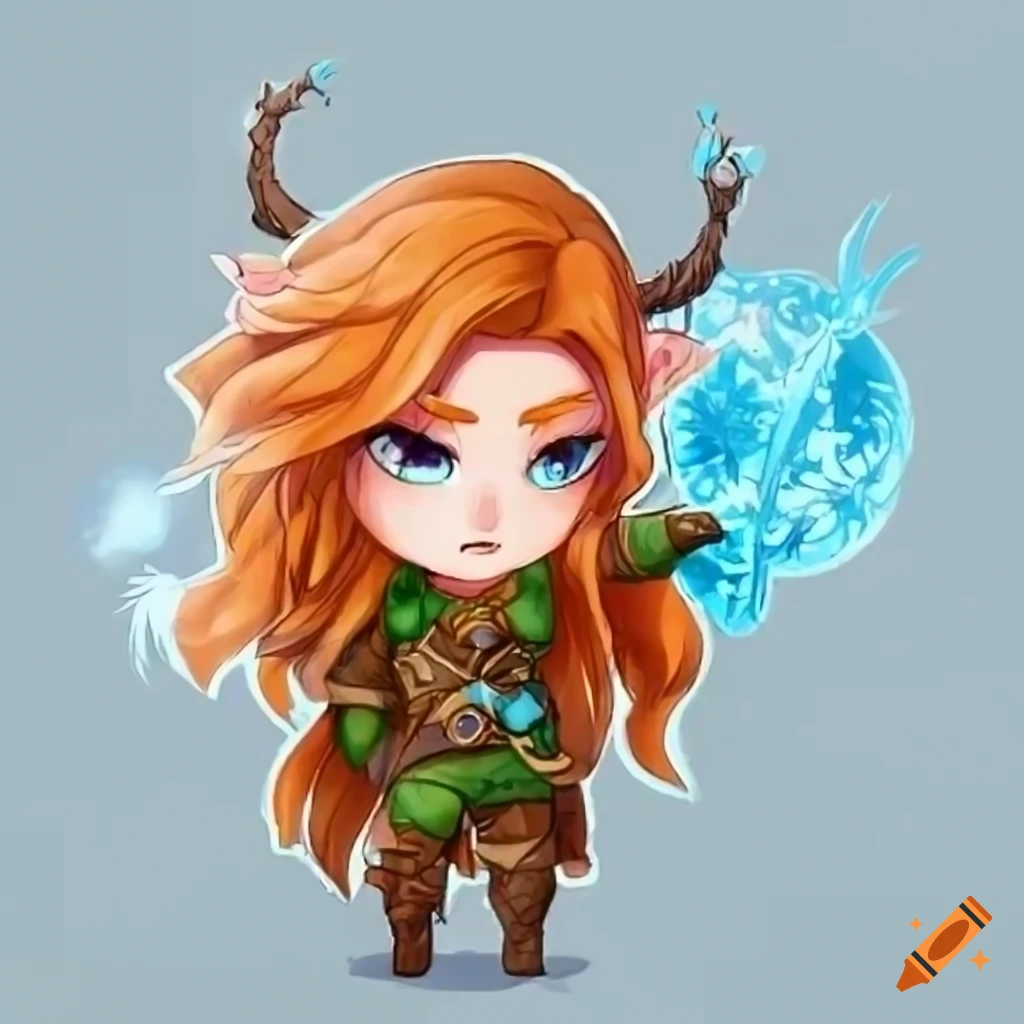 Chibi anime character, a female halfling druid with orange hair