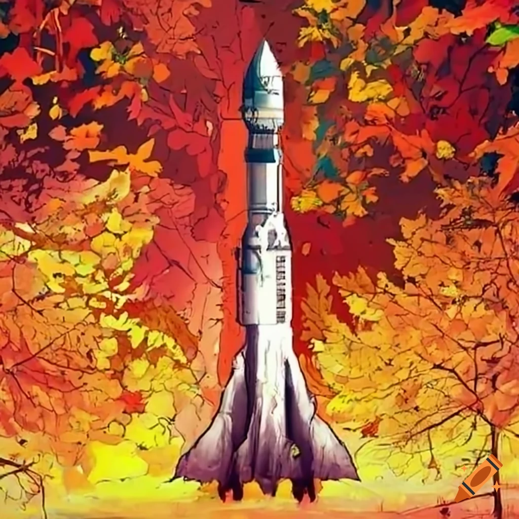 Autumn space launch with falling leaves