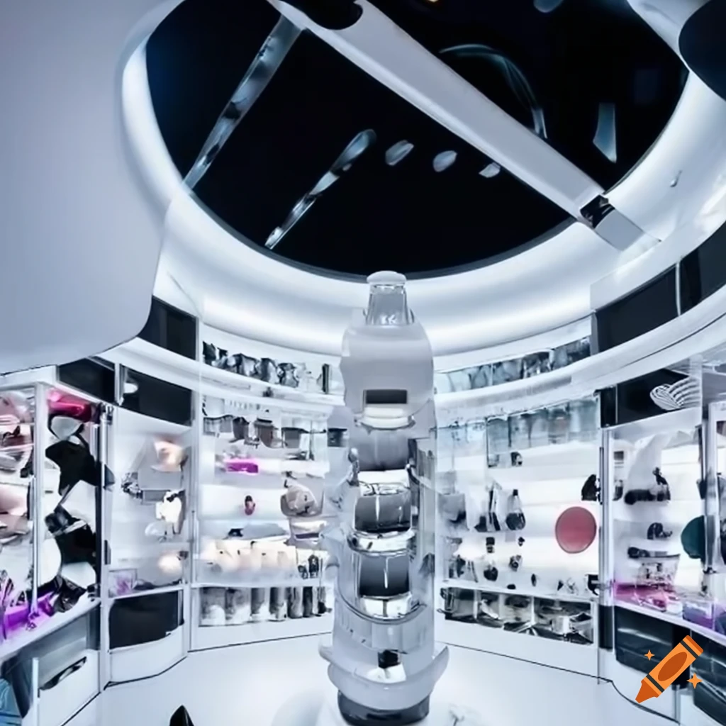 Futuristic beauty store interior with mirrors and white metallic design ...
