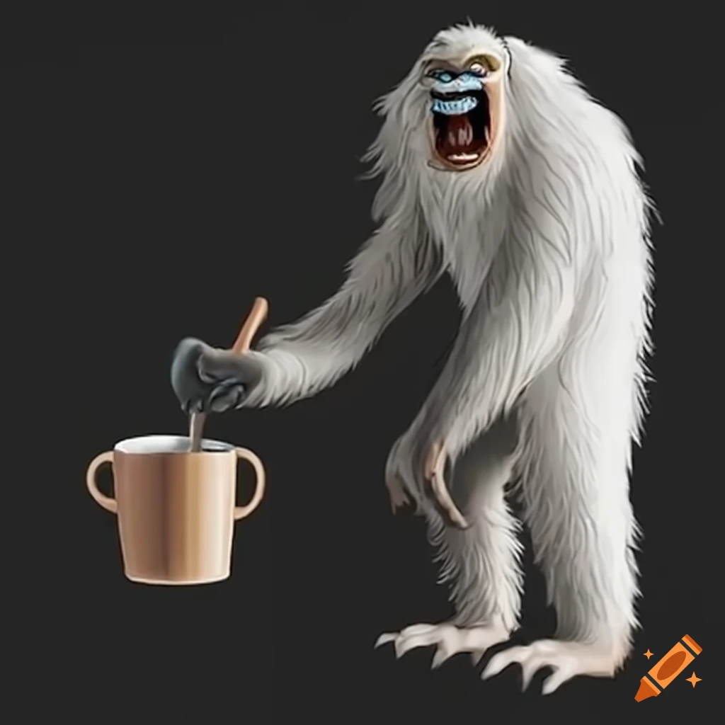 Funny illustration of a yeti monster drinking coffee on Craiyon