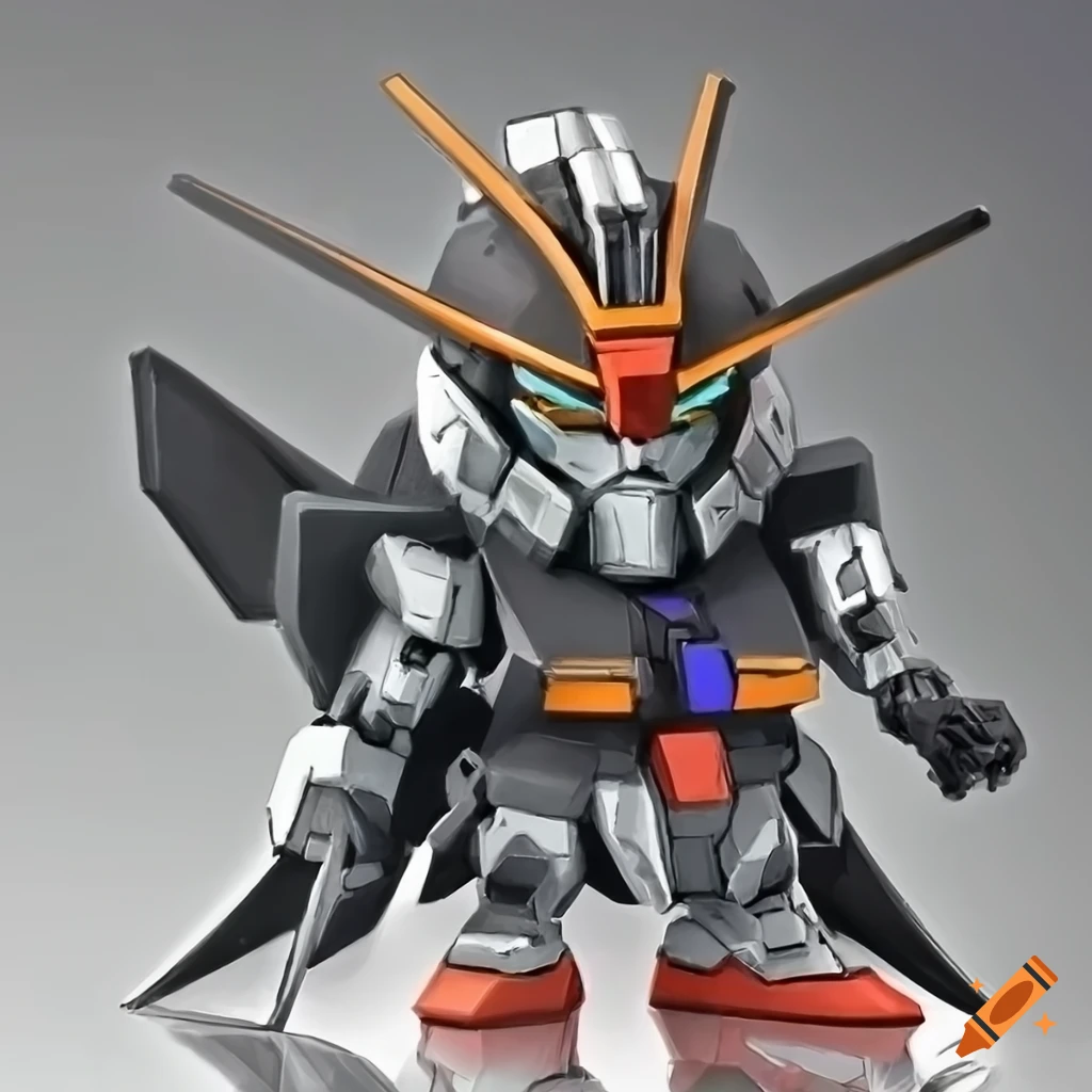 Black and orange chibi gundam robot with raven-inspired armor on Craiyon