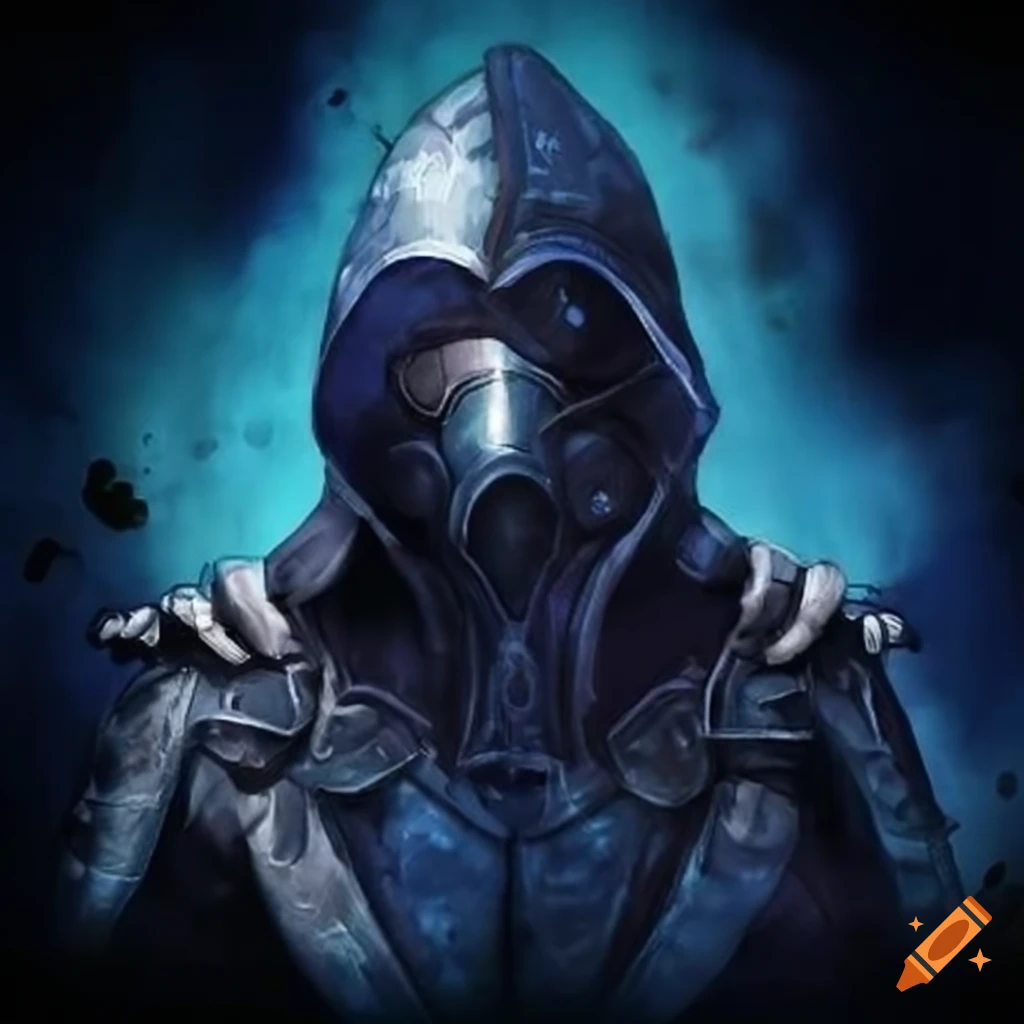 Dark blue armored assassin with respirator