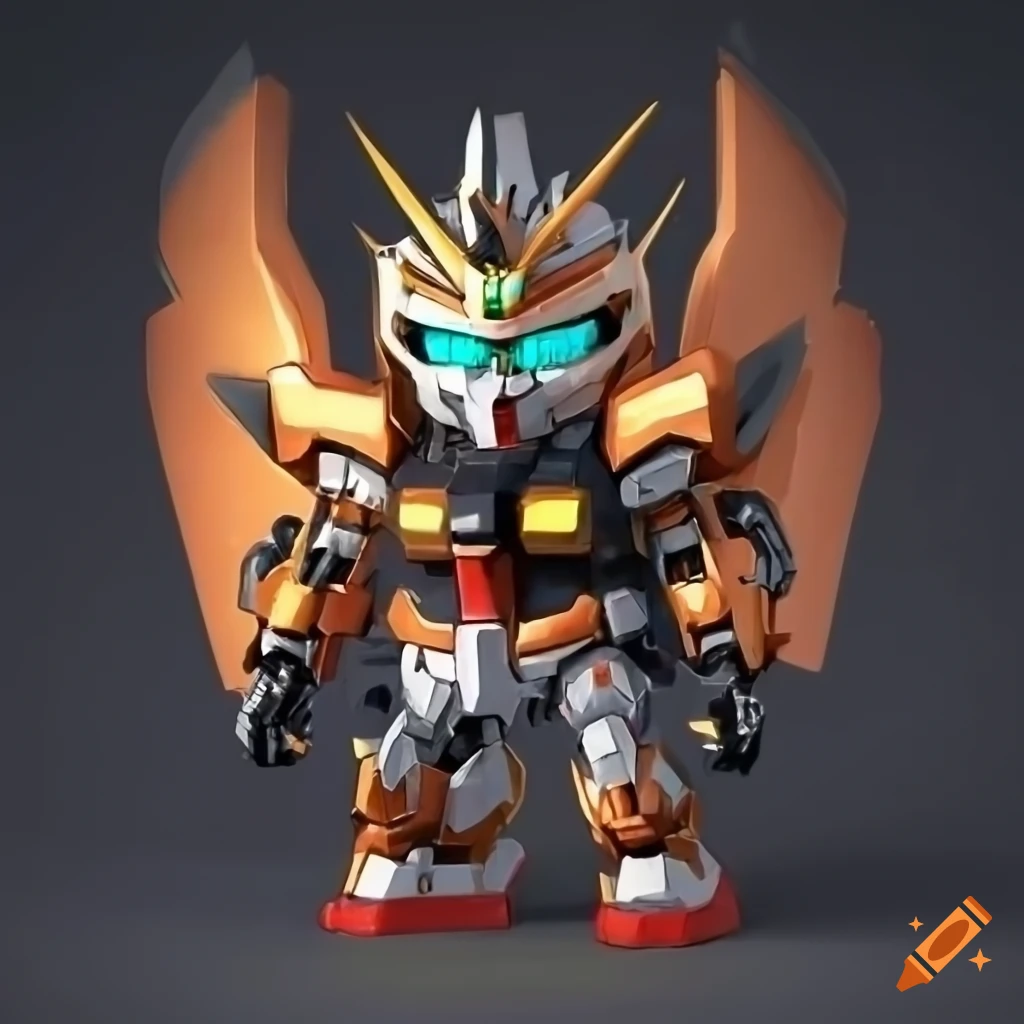 Chibi gundam robot in black and orange armor on Craiyon