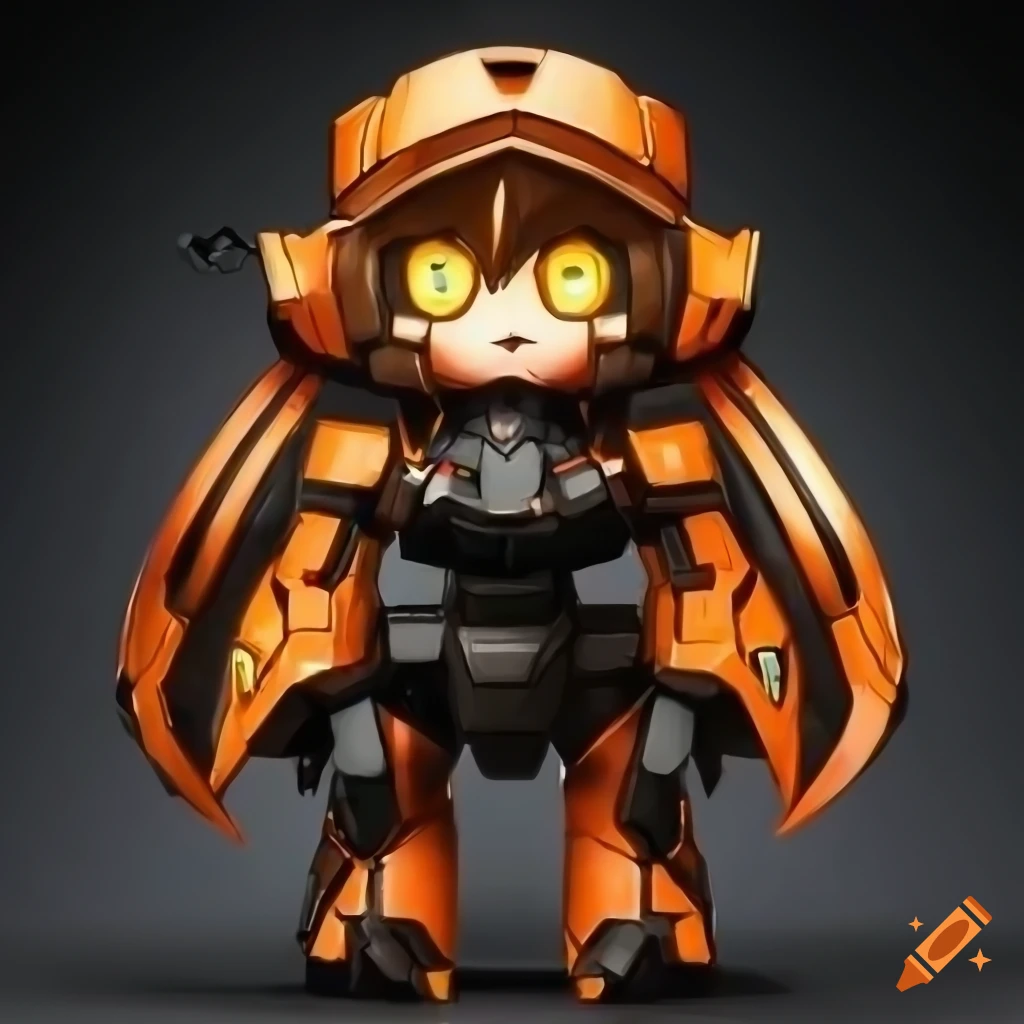 Chibi gundam robot with black and orange metallic armor on Craiyon
