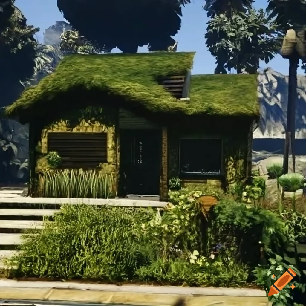 Mossy house with potted plants in gta v on Craiyon