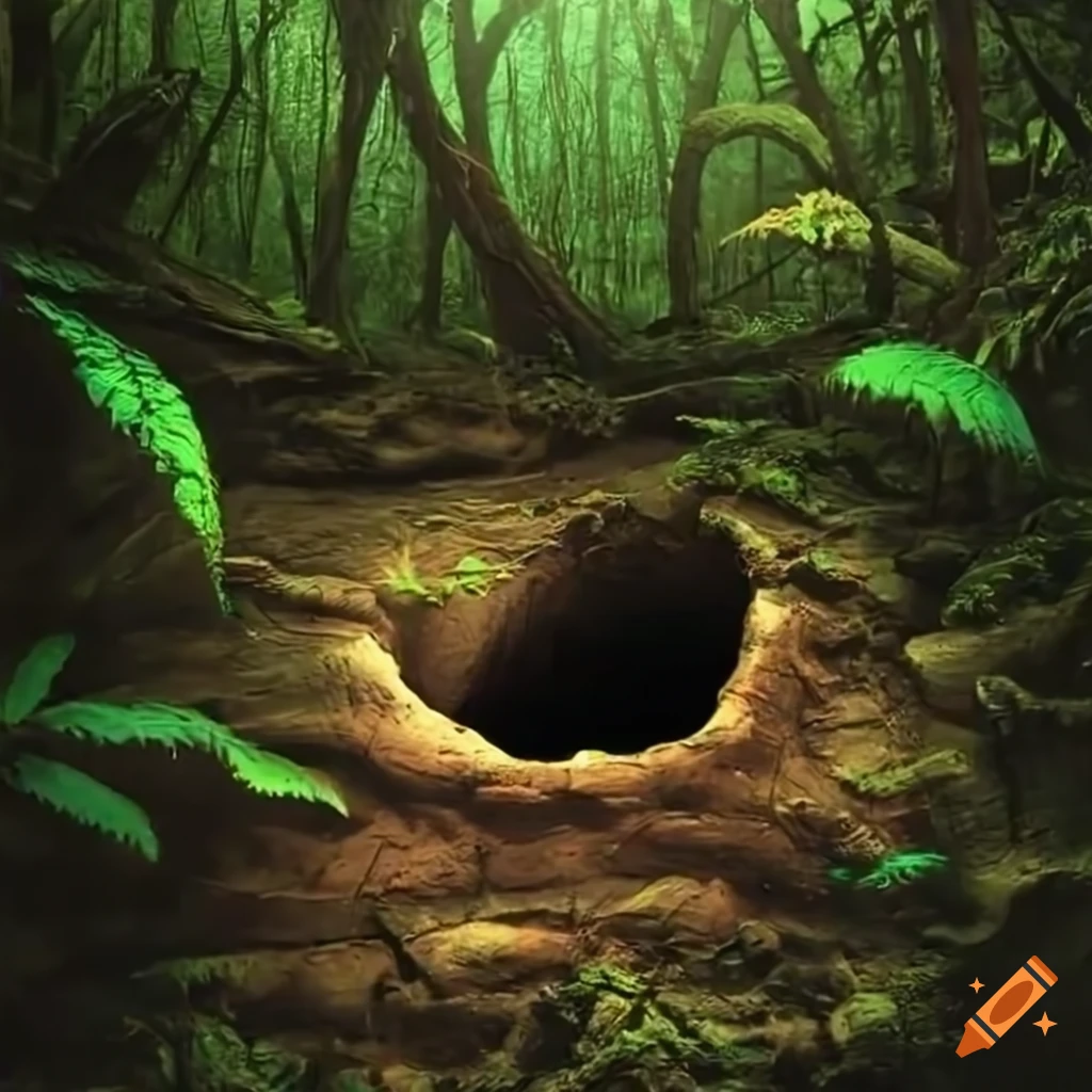 Mysterious hole in the forest with jagged rocks on Craiyon