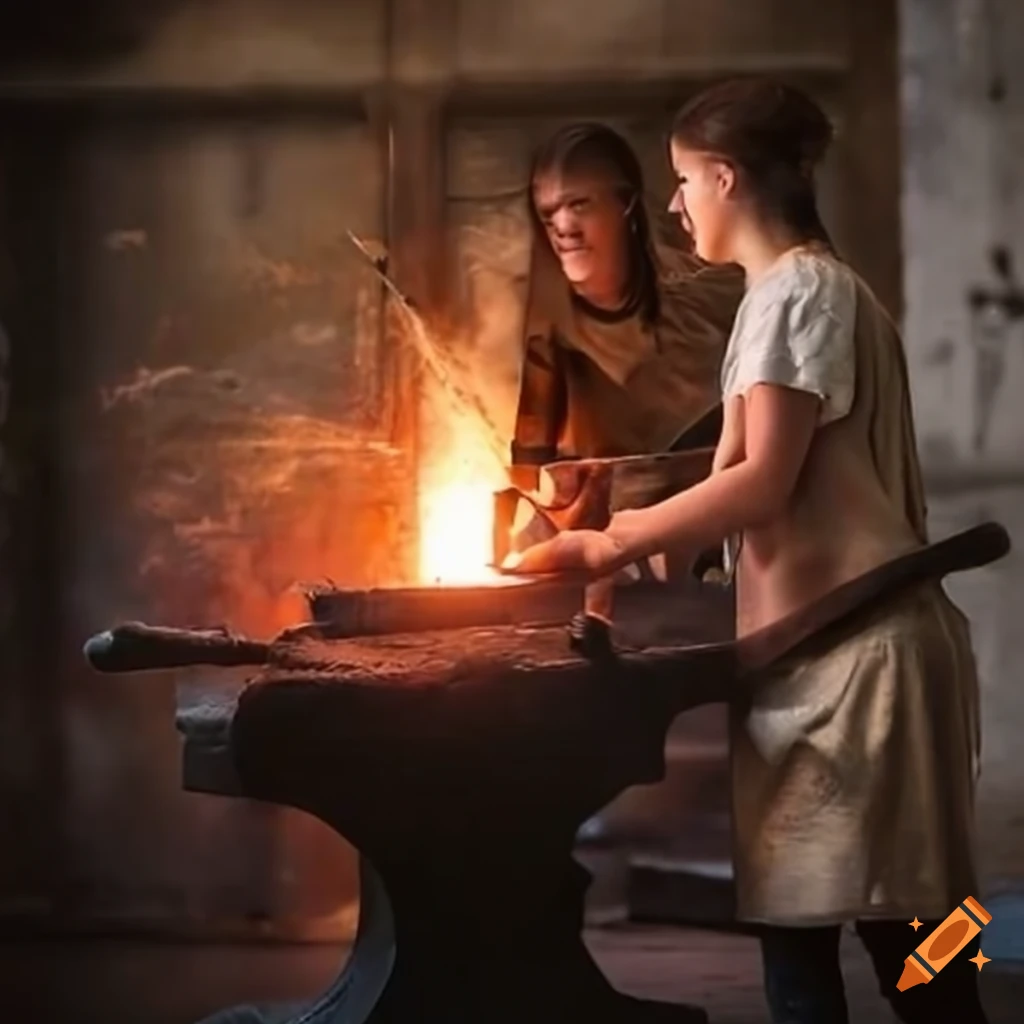 Image of young apprentices learning blacksmithing in medieval times on ...