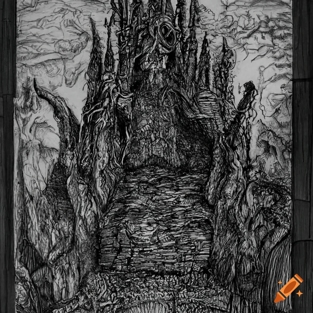 Pen sketch of a desolate forest with a giant's decrepit throne on Craiyon