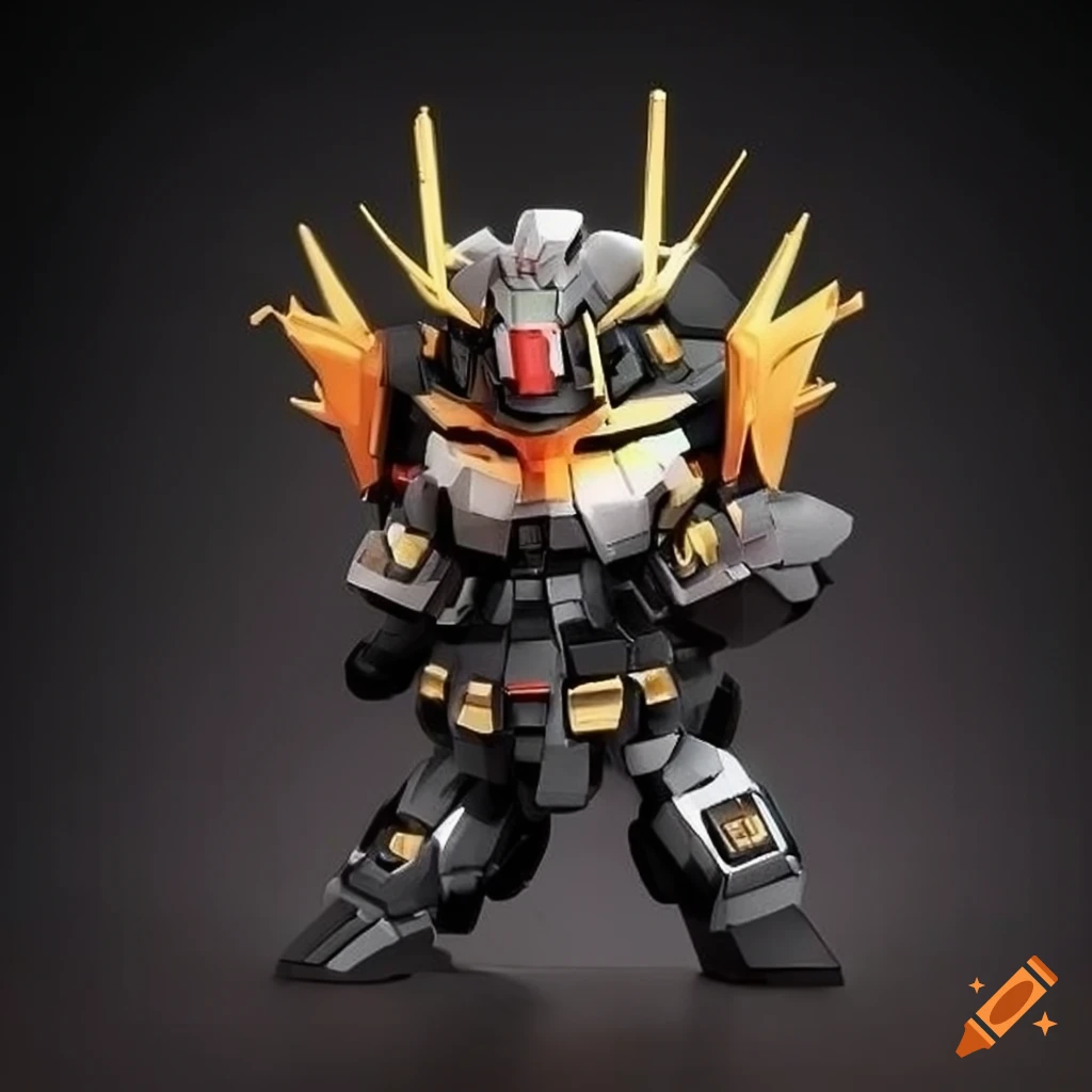 Chibi gundam robot with black, orange and white metallic armor on Craiyon
