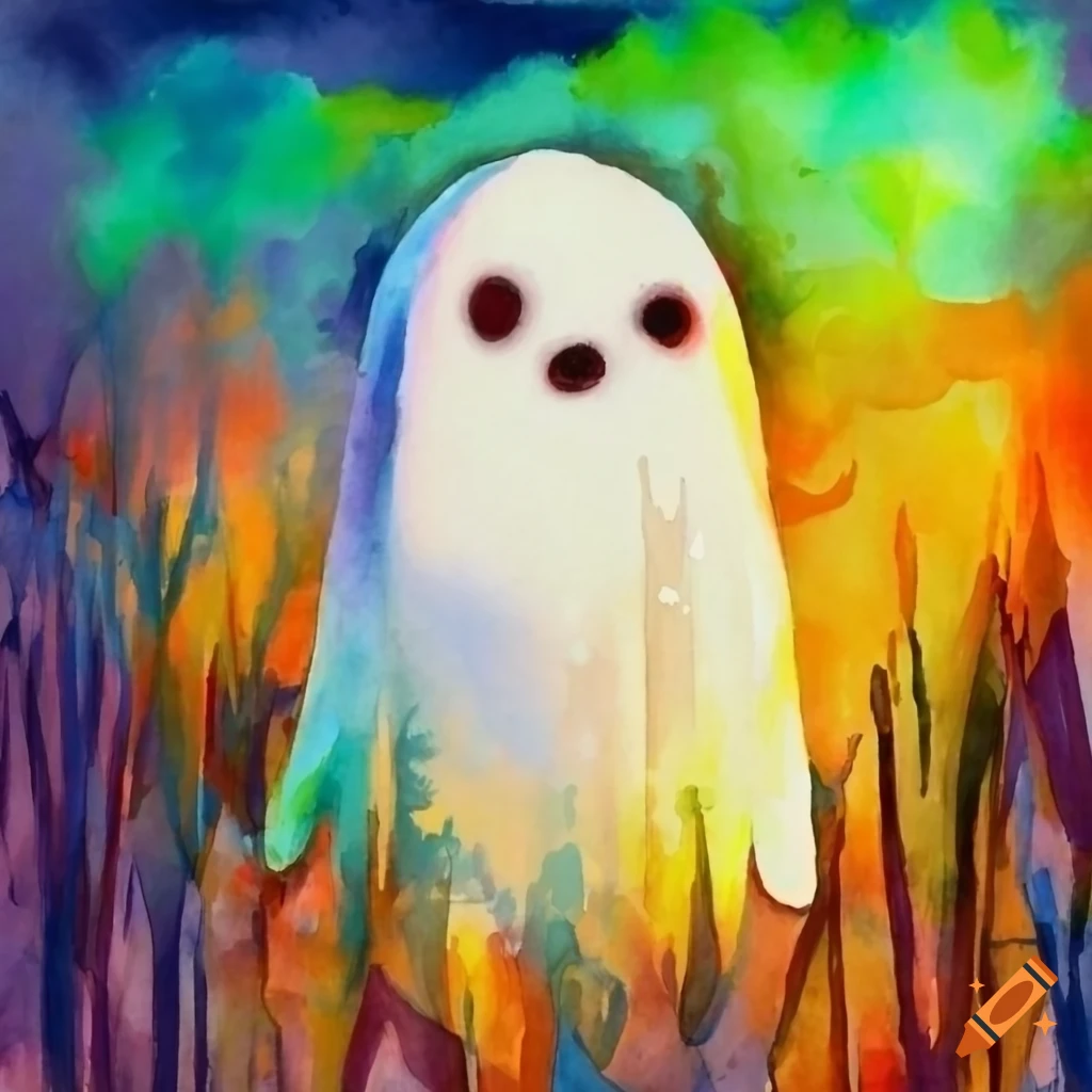 Watercolor painting of a sad cartoon ghost in a smoky field on Craiyon
