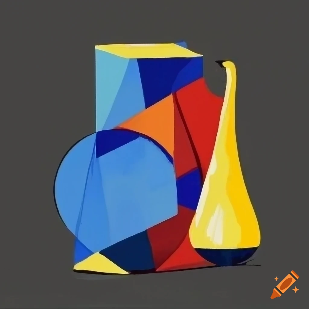 Geometric still life painting with black, red, yellow, blue, and white ...