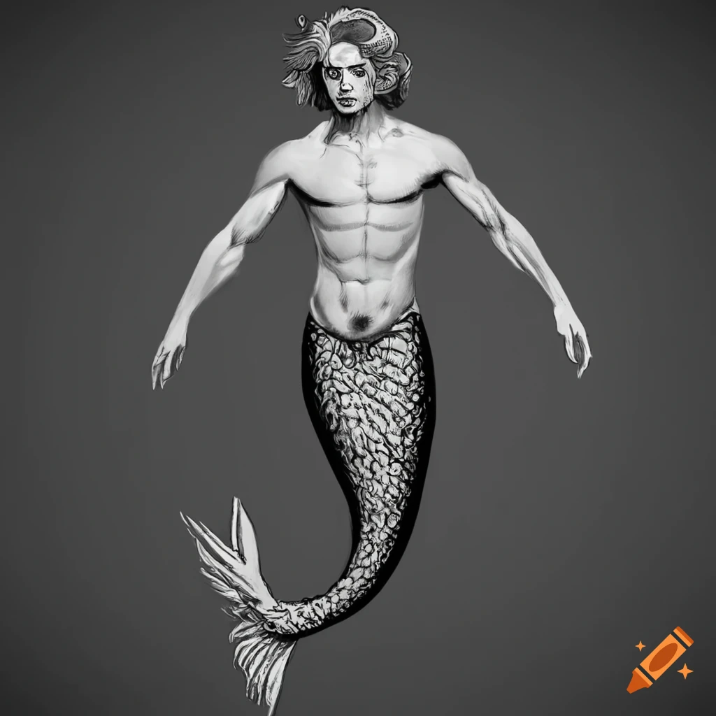 Black and white etching of a detailed merman