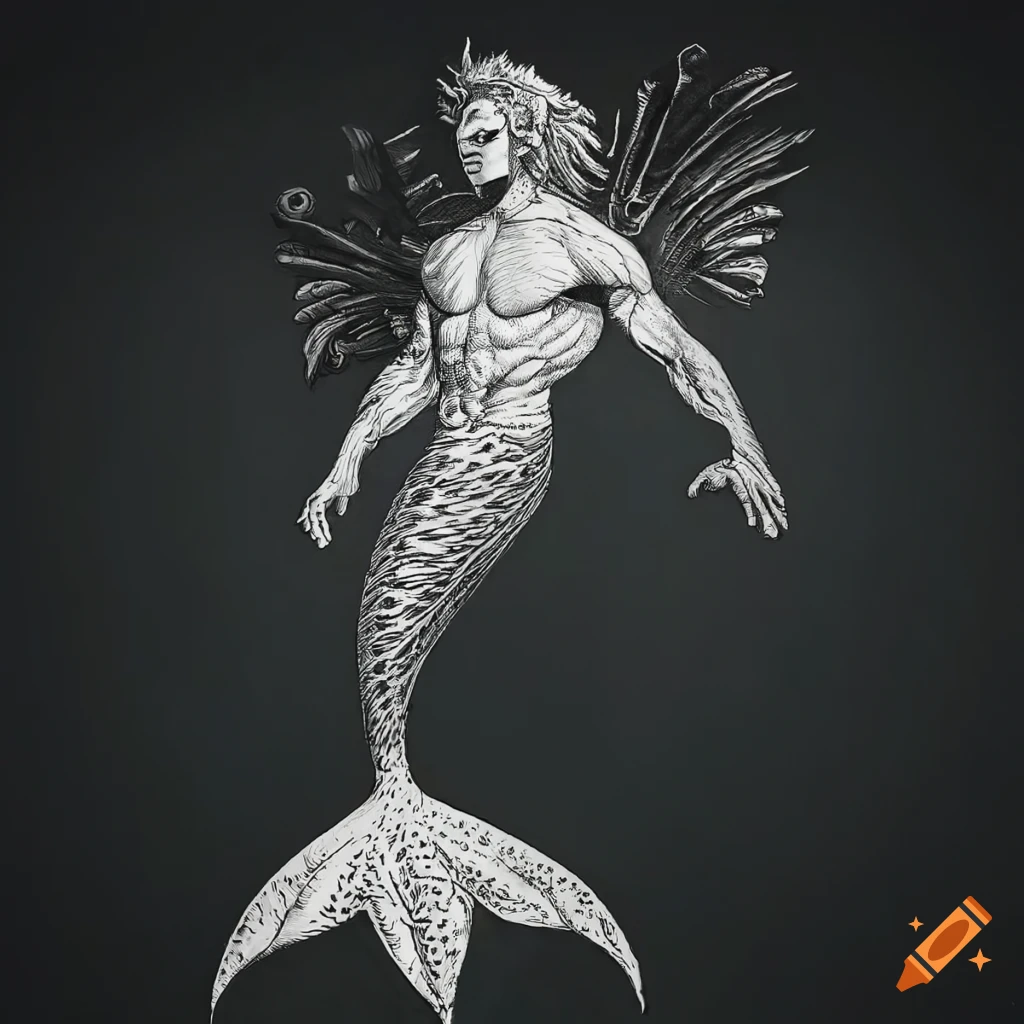 Detailed black and white etching of a merman monster