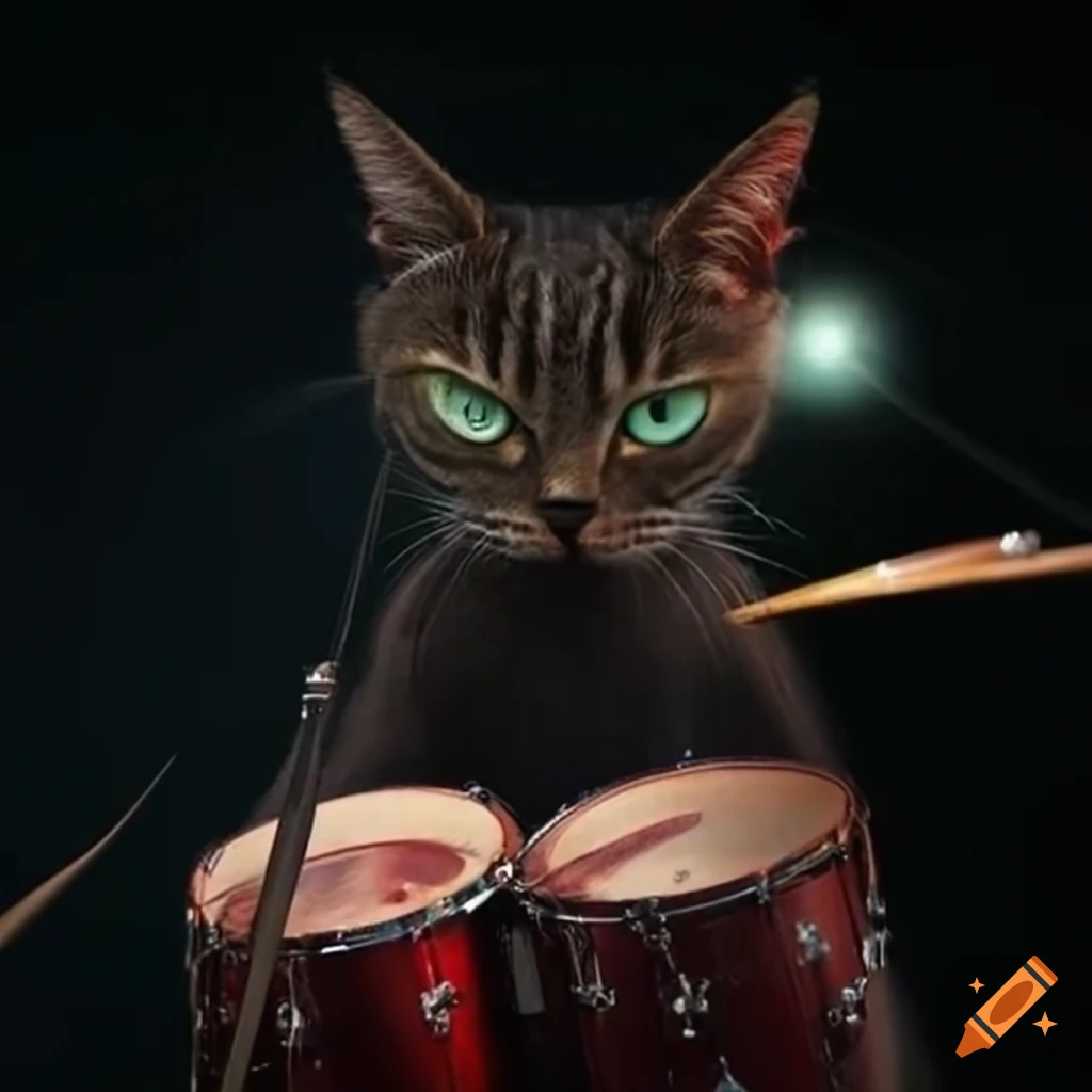 Silly cat playing drums on a white background on Craiyon