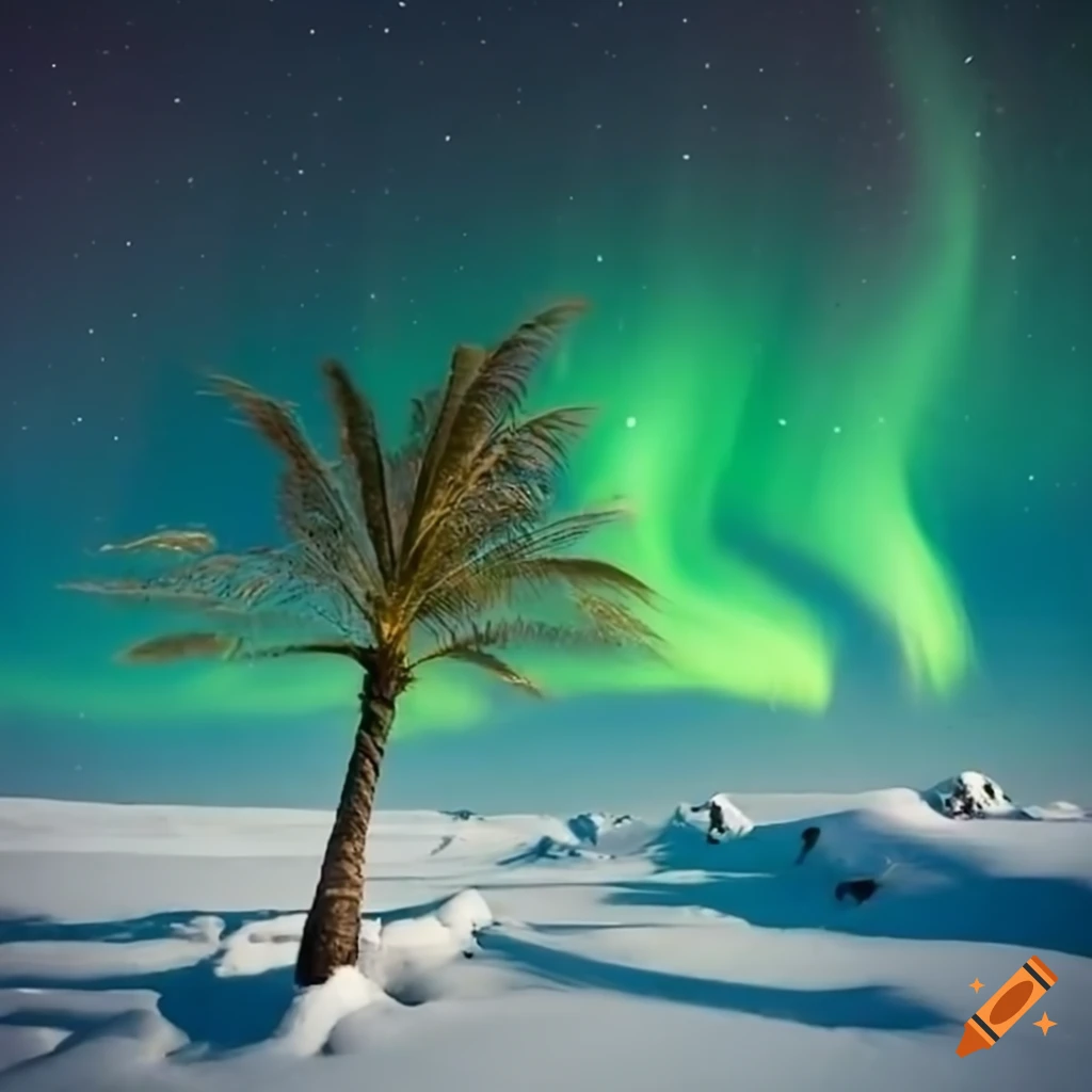Northern lights shining over a snowy landscape with a palm tree on Craiyon