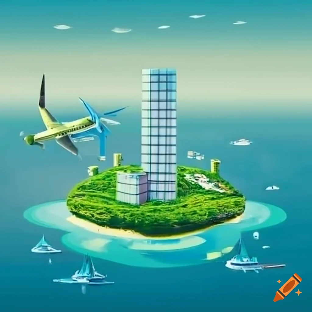 Futuristic island paradise with advanced technologies and joyful ...
