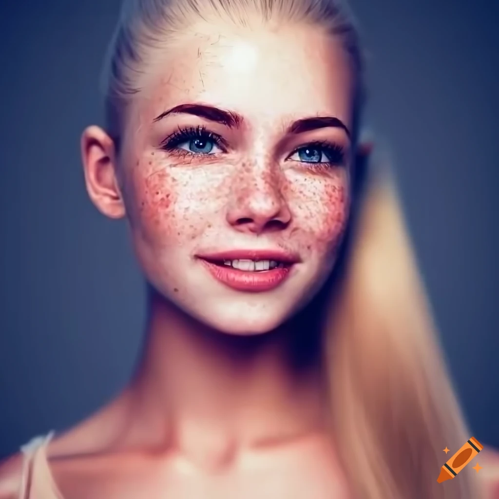 Portrait of a beautiful young woman with freckles and blonde hair on ...