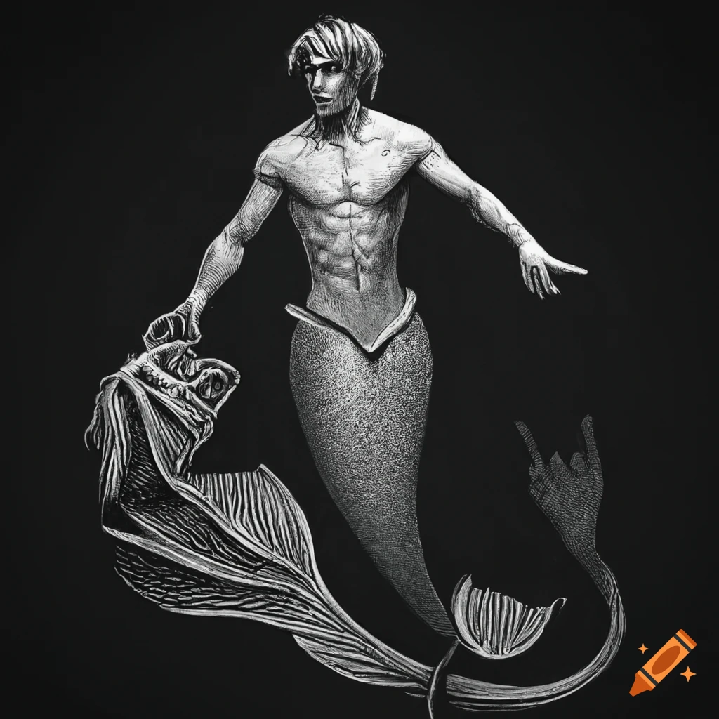 Detailed etching of Steve Harrington as a merman on Craiyon