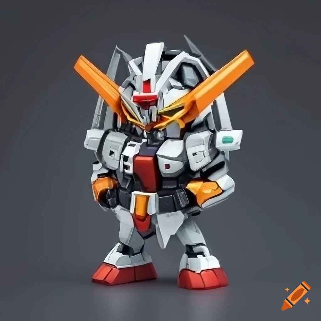 Chibi gundam robot with black, orange, and white armor on Craiyon